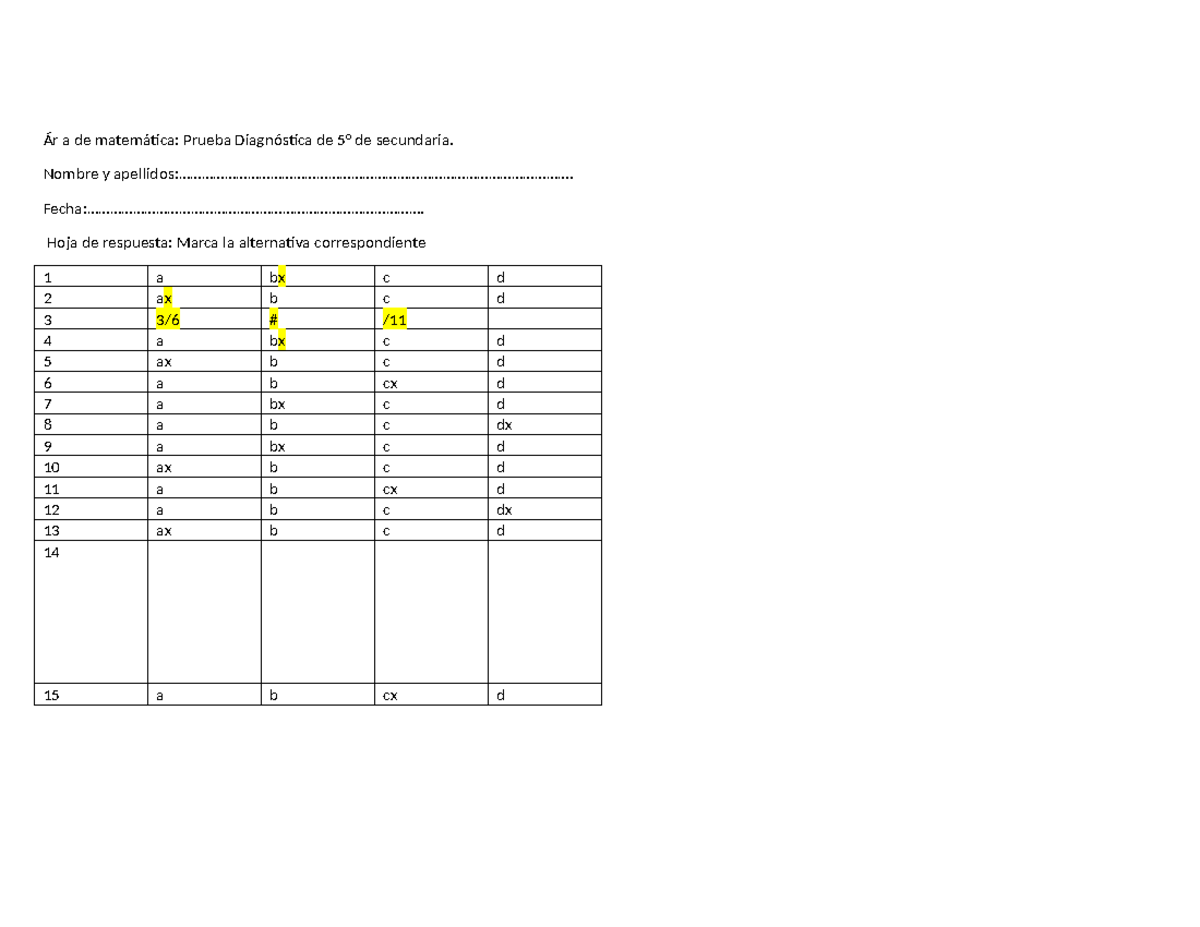 Área de matemática 5° - problemas - Ár a de matemática: Prueba Diagnóstica de 5° de secundaria ...