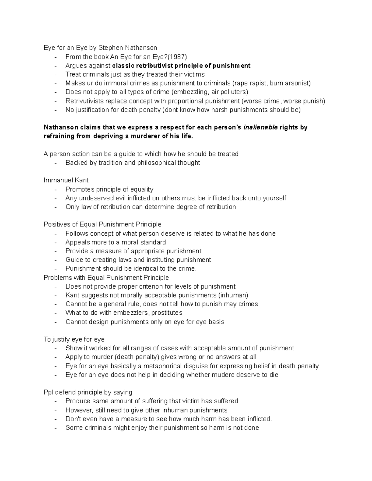 Short Essay Notes - Eye for an Eye by Stephen Nathanson - From the book ...