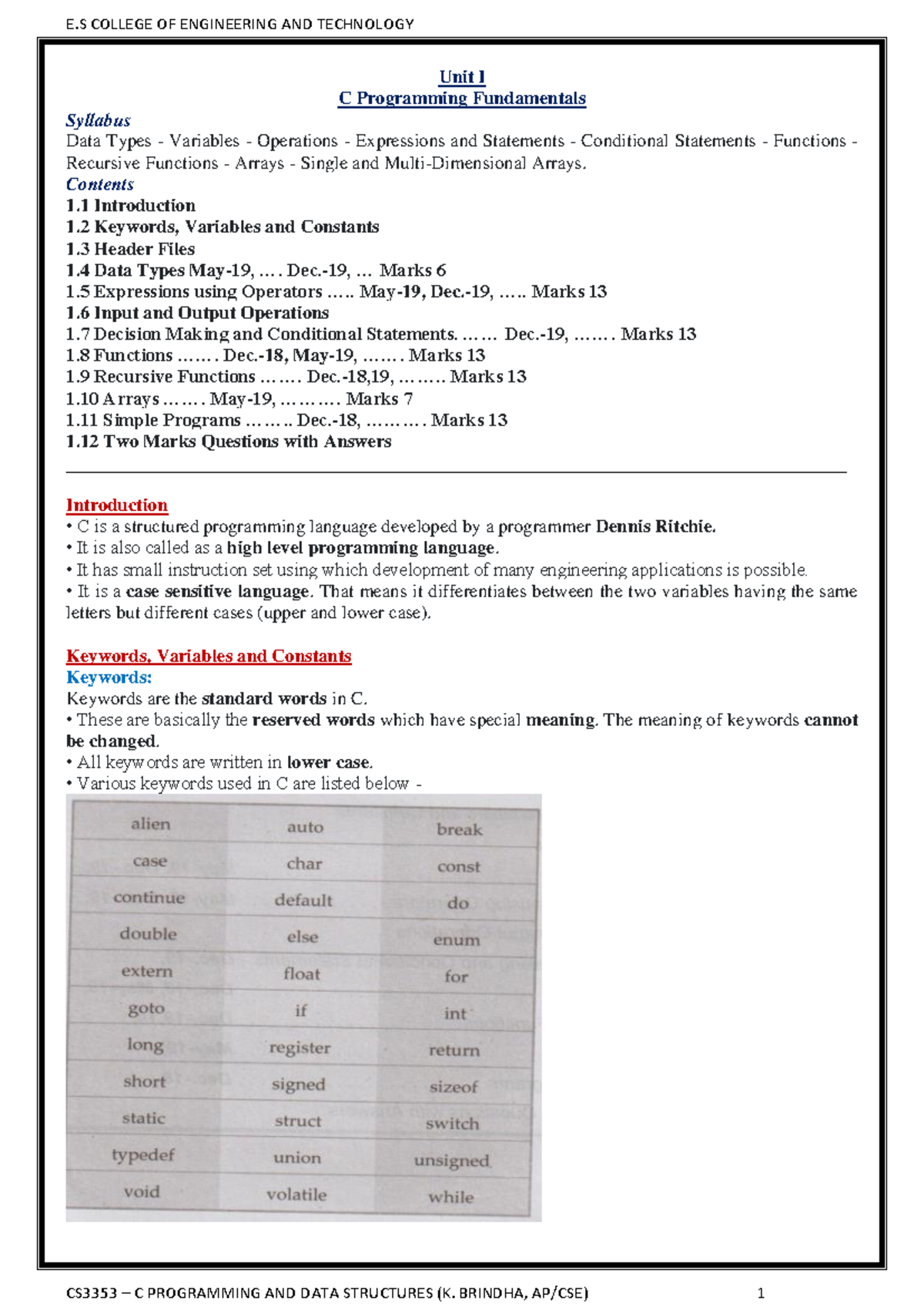 Unit I C And Ds Programming Qb Unit I C Programming Fundamentals Syllabus Data Types