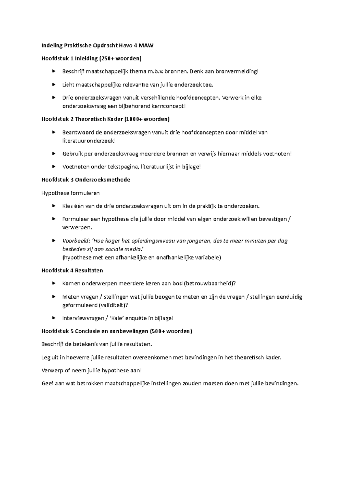 Indeling Praktische Opdracht Havo 4 MAW - b. bronnen. Denk aan ...