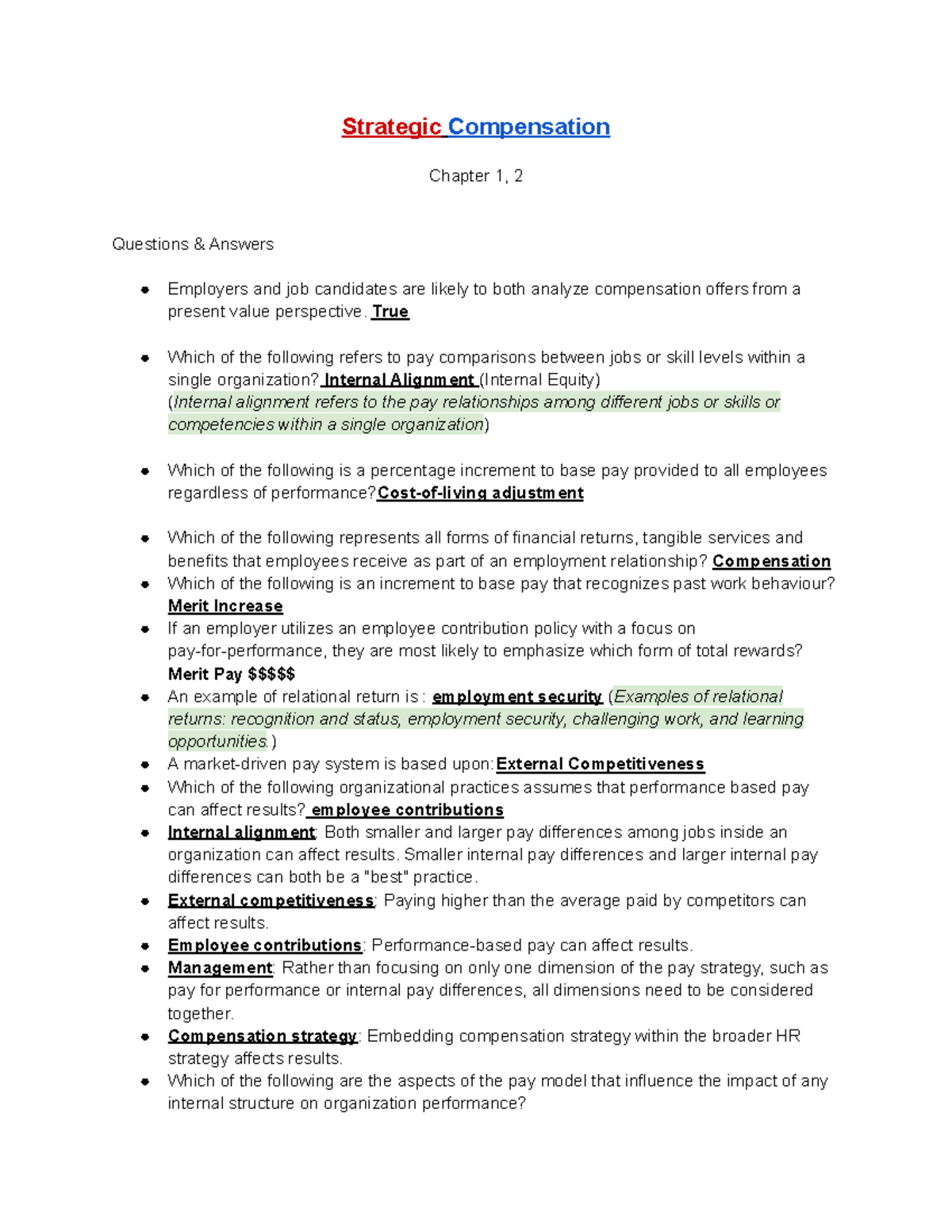 Strategic Compensation Mid Term - Strategic Compensation Chapter 1, 2 ...