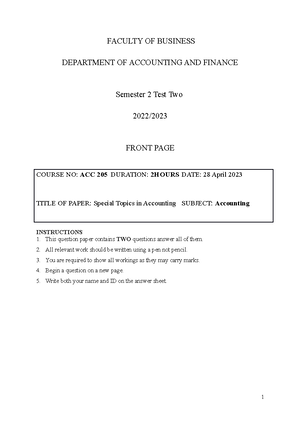 ACC 206 Test 1 marking key - 2023 Final - ACC 2 06 - Accounting for ...