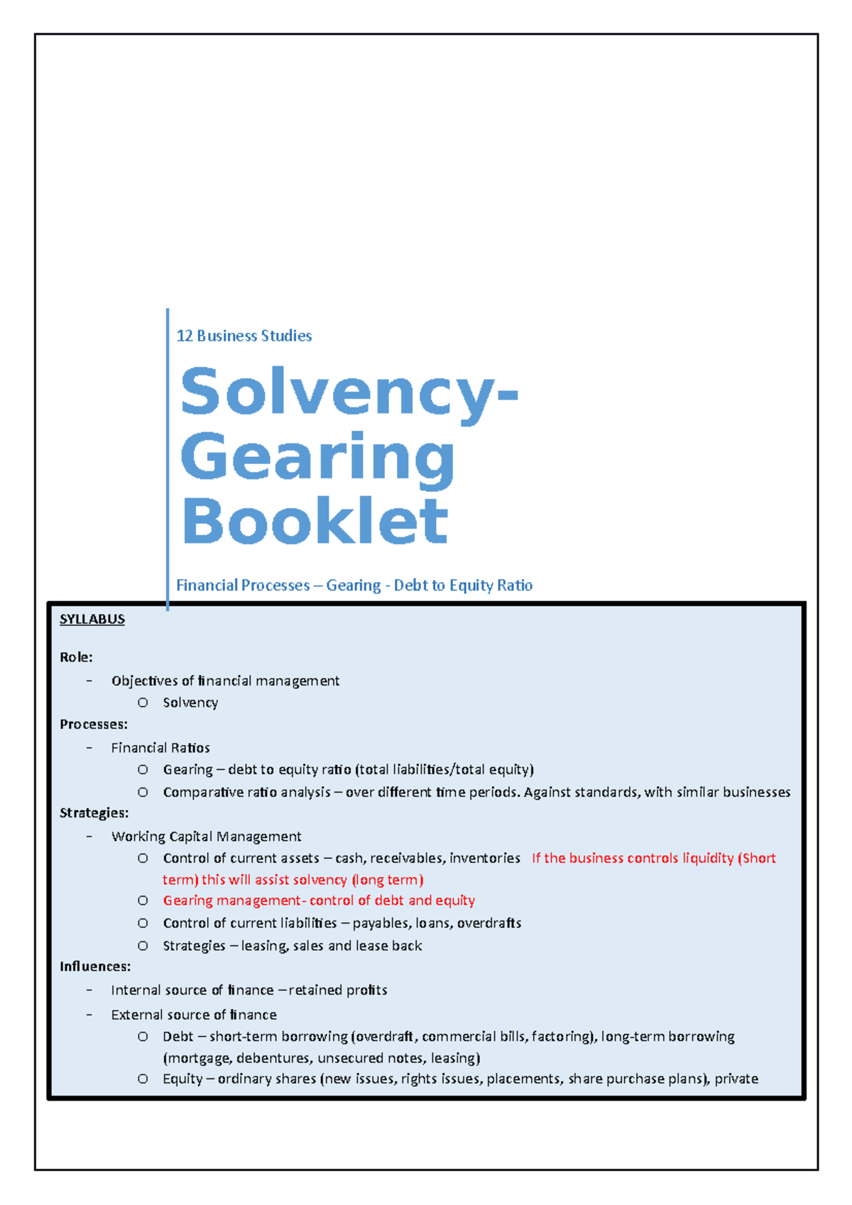 Solvency-Gearing Booklet - ####### SYLLABUS Role: - Objectives of ...