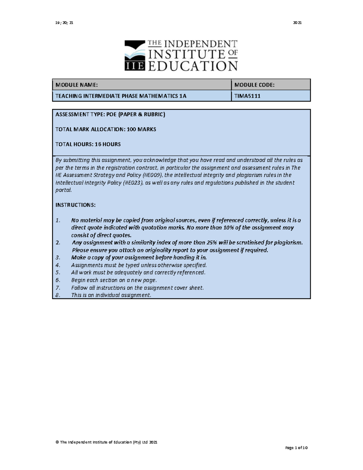 POE 2021 TIMA5111 - THE POE OF MATHS - MODULE NAME: MODULE CODE ...