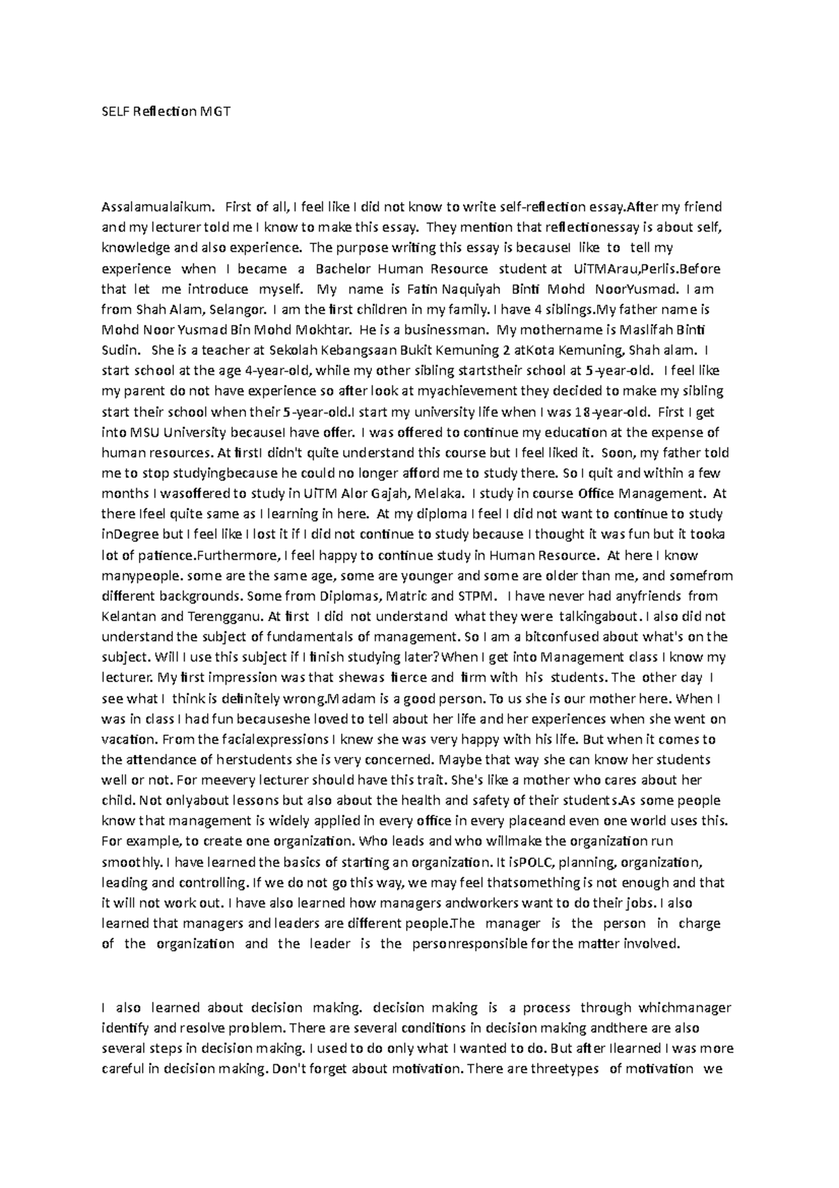 SELF Reflection MGT - Bachelor in Business Administration (hons ...