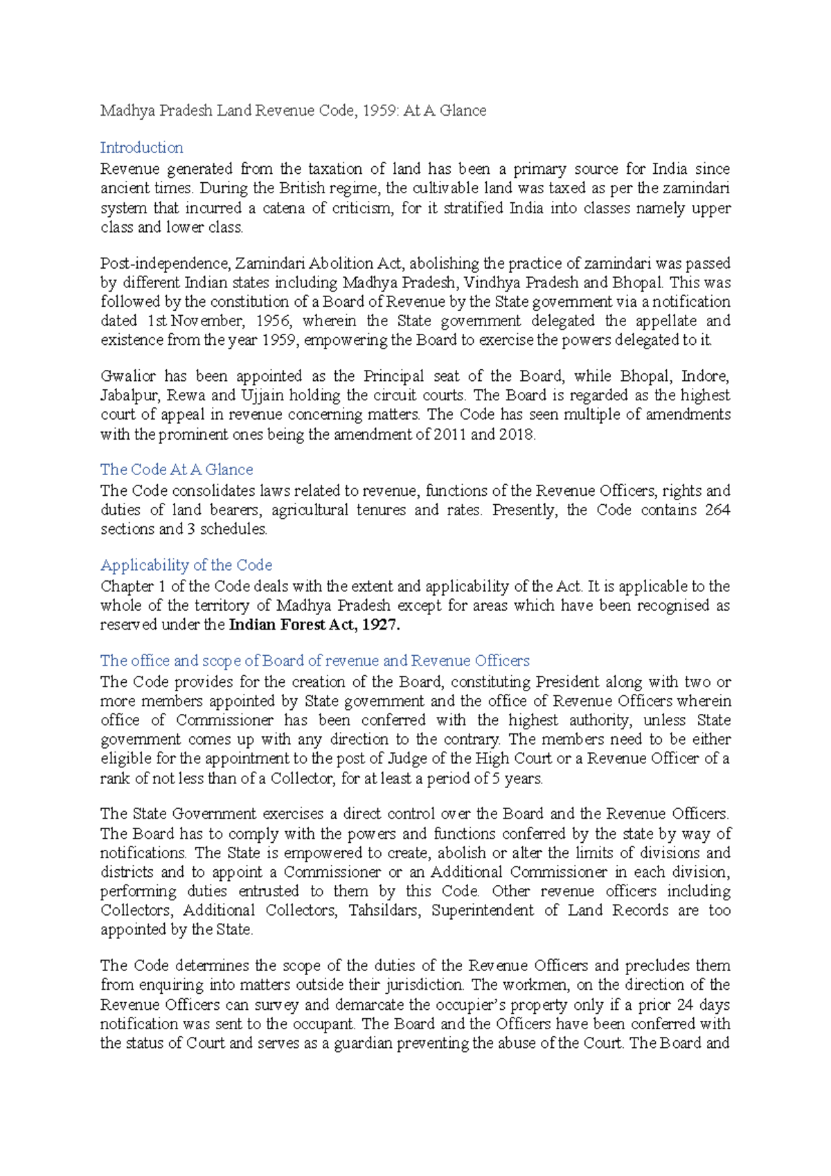 Mplrc notes lnct University - Madhya Pradesh Land Revenue Code, 1959 ...