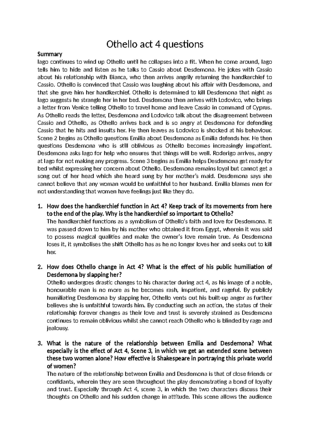 Othello act 4 questions - Othello act 4 questions Summary Iago ...
