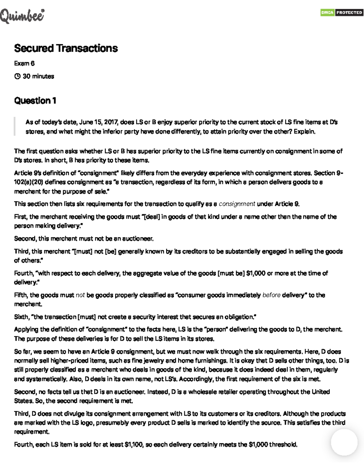 PQ Model Answer 6 - outline - Secured Transactions Exam 6 30 minutes ...