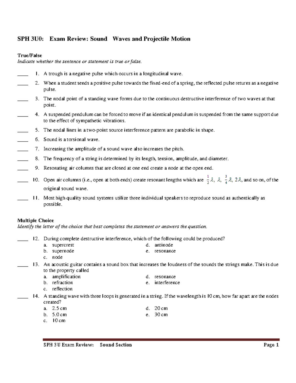 Examreviewsoundsectionjan 2010 - SPH 3U0: Exam Review: Sound Waves and ...