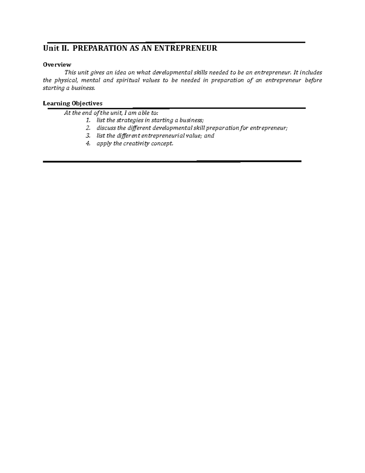 Entrep Behavior UNIT II - Unit II. PREPARATION AS AN ENTREPRENEUR ...