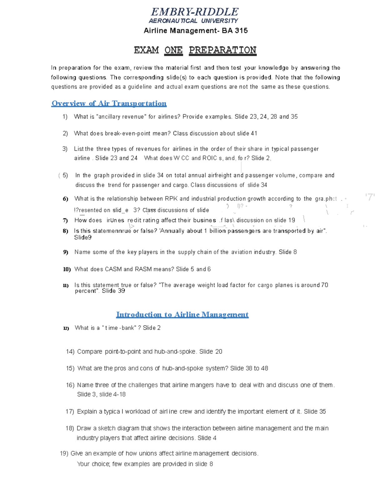 Airline Management Study Guide - EMBRY-RIDDLE AERONAUTICAL UNIVERSITY Airline Management- BA 315 ...