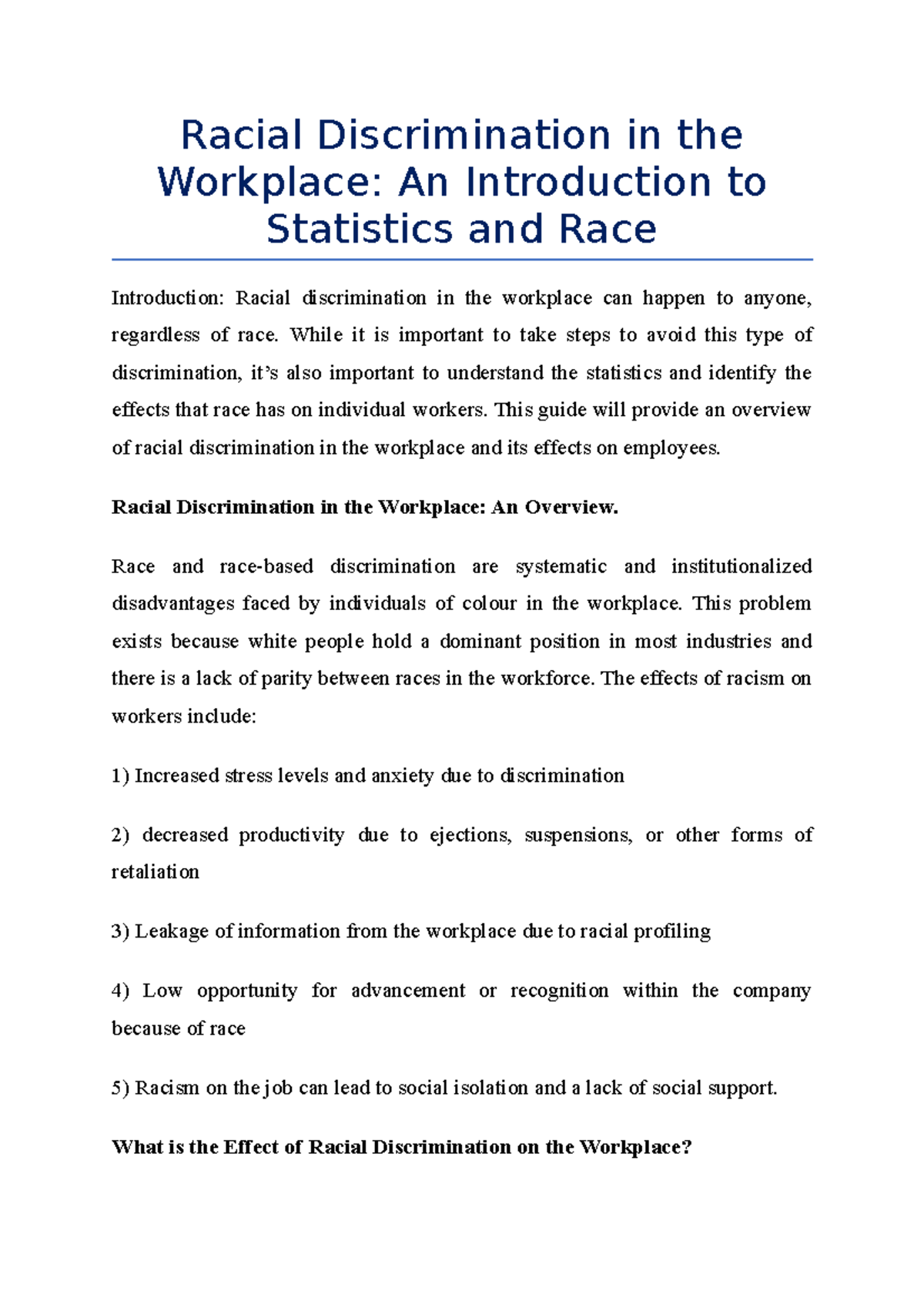 Racial Discrimination in the Workplace, An Introduction to Statistics ...