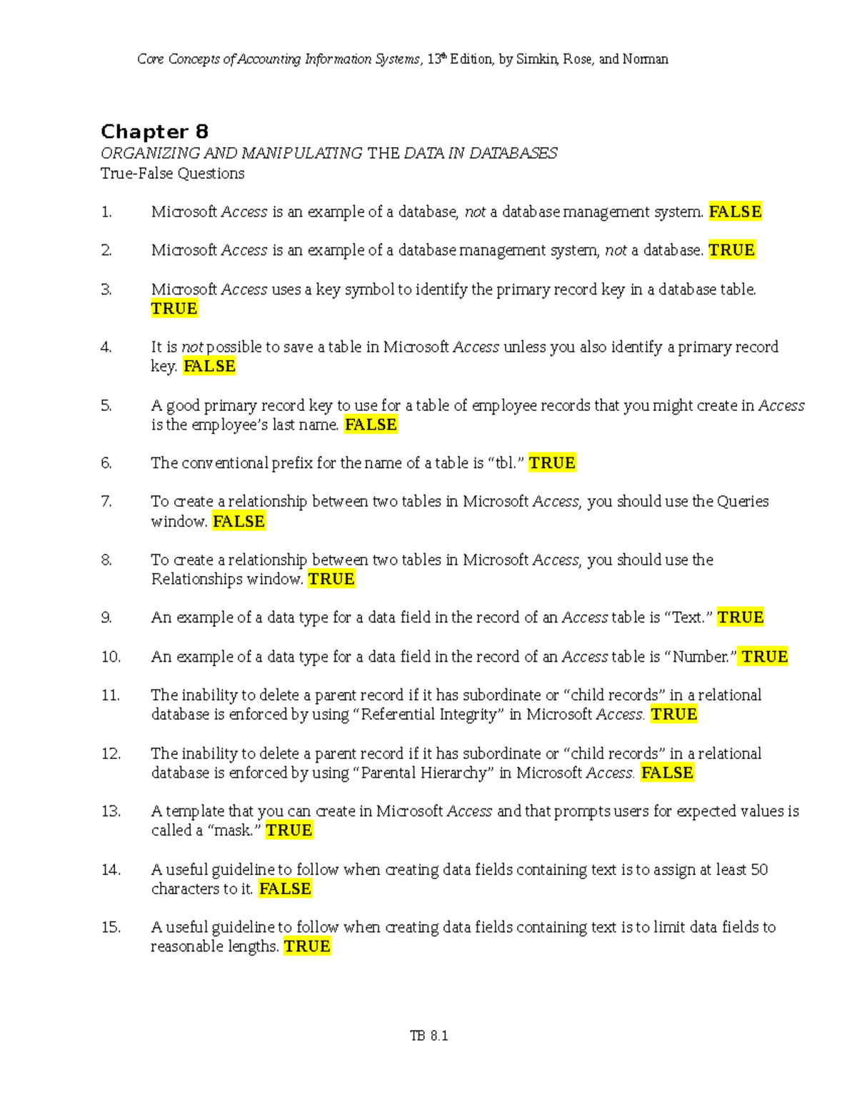 Accounting Information System Chapter 8 - 15 Test Bank - Chapter 8 ...