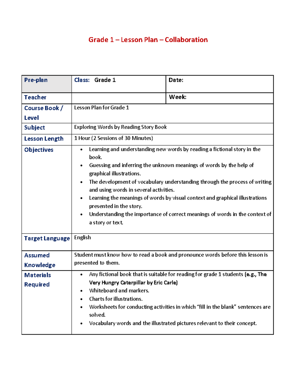 2 - Teaching Info - Grade 1 – Lesson Plan – Collaboration Pre-plan ...