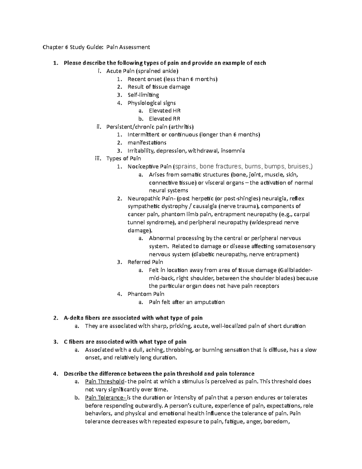 Chapter 6 Study Guide - Chapter 6 Study Guide: Pain Assessment Please ...
