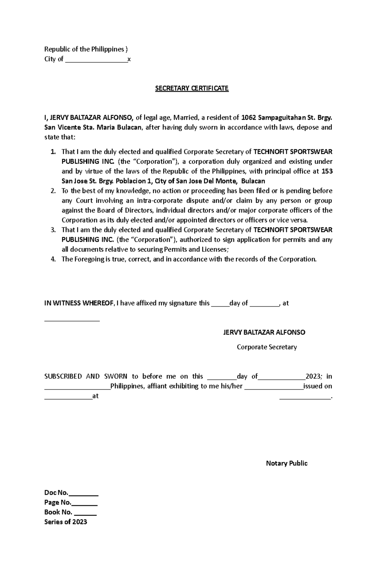 Corporate Secretary - hint - Republic of the Philippines ) City of ...