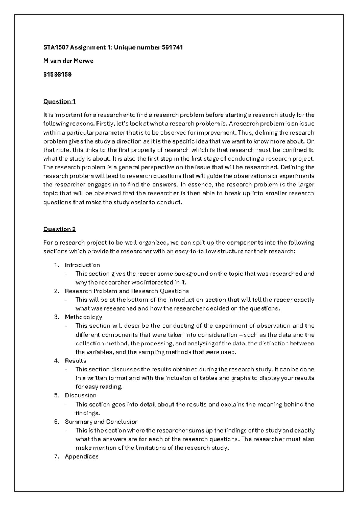 61596159 STA1507 Assignment 1 - STA1507 Assignment 1: Unique number ...