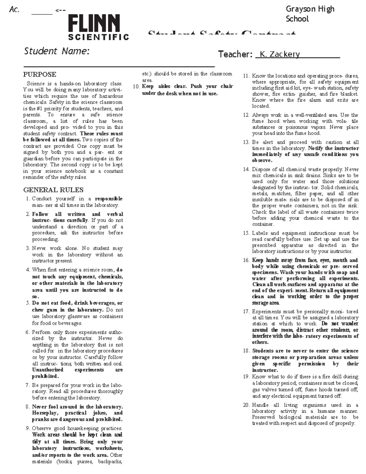 2024-2025 Lab Safety Contract - Grayson High School Student Safety ...