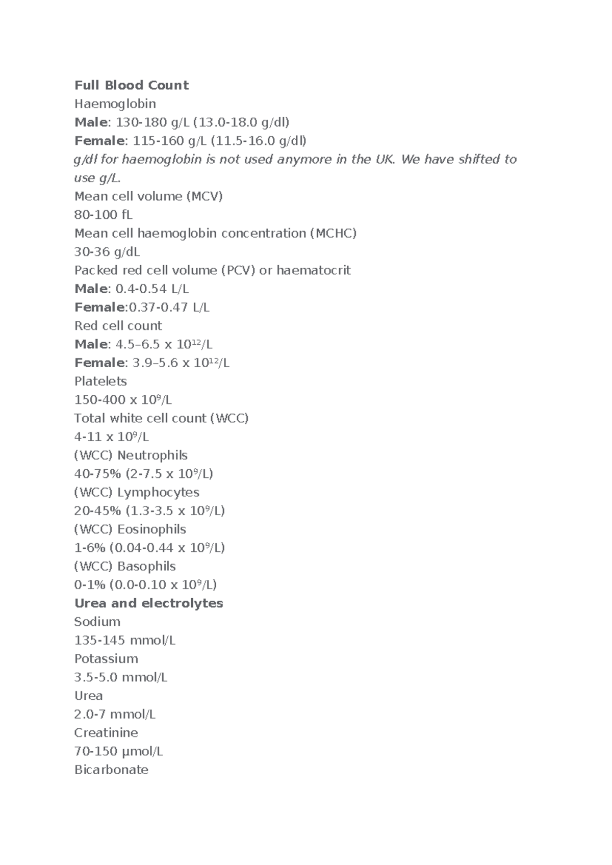 Lab values - nb v,vb uhl. - Full Blood Count Haemoglobin Male: 130-180 ...