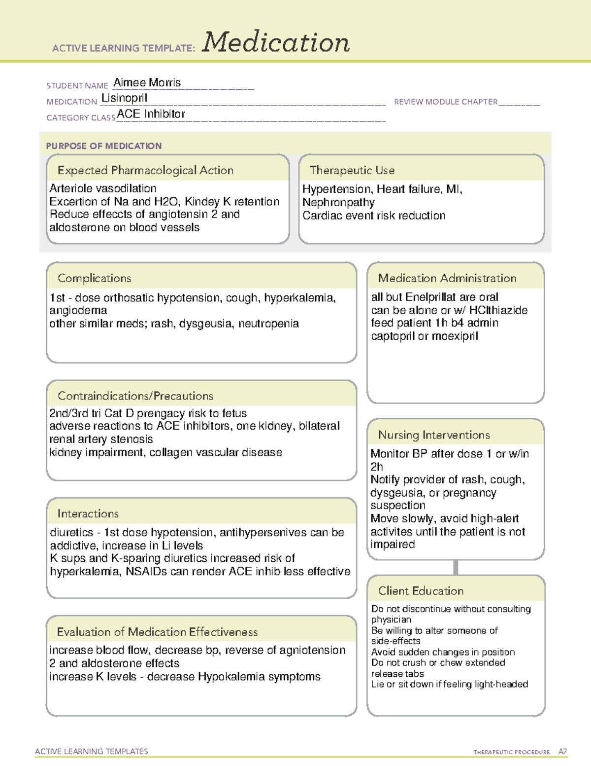 ATI Med Lisinopril - ACTIVE LEARNING TEMPLATES TherapeuTic procedure A ...