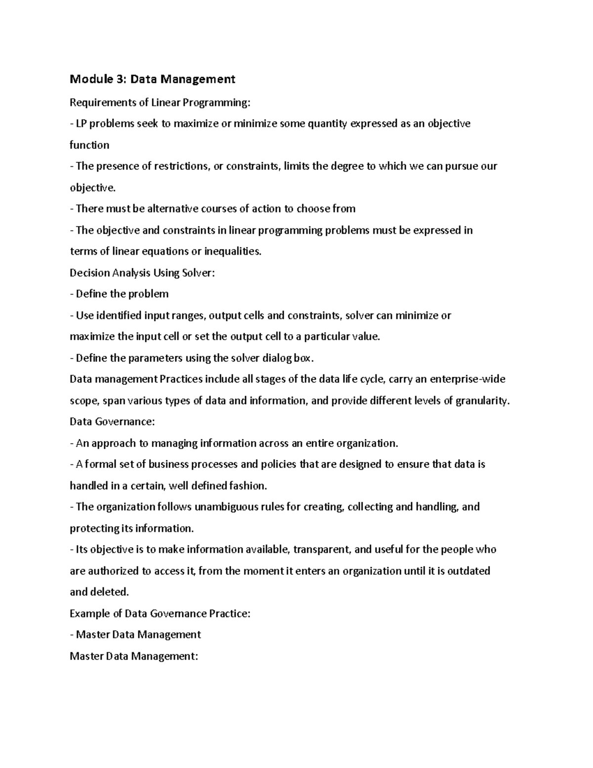 Module 3 - Data Management - Module 3: Data Management Requirements of Linear Programming: LP ...