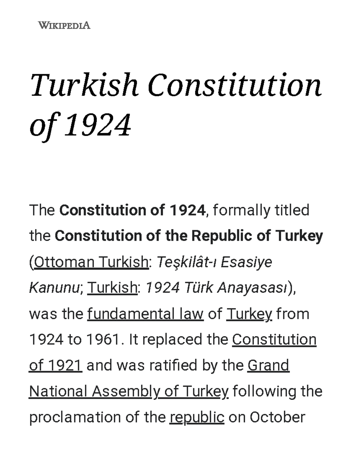 Turkish Constitution of 1924 - Wikipedia - Turkish Constitution of 1924 ...