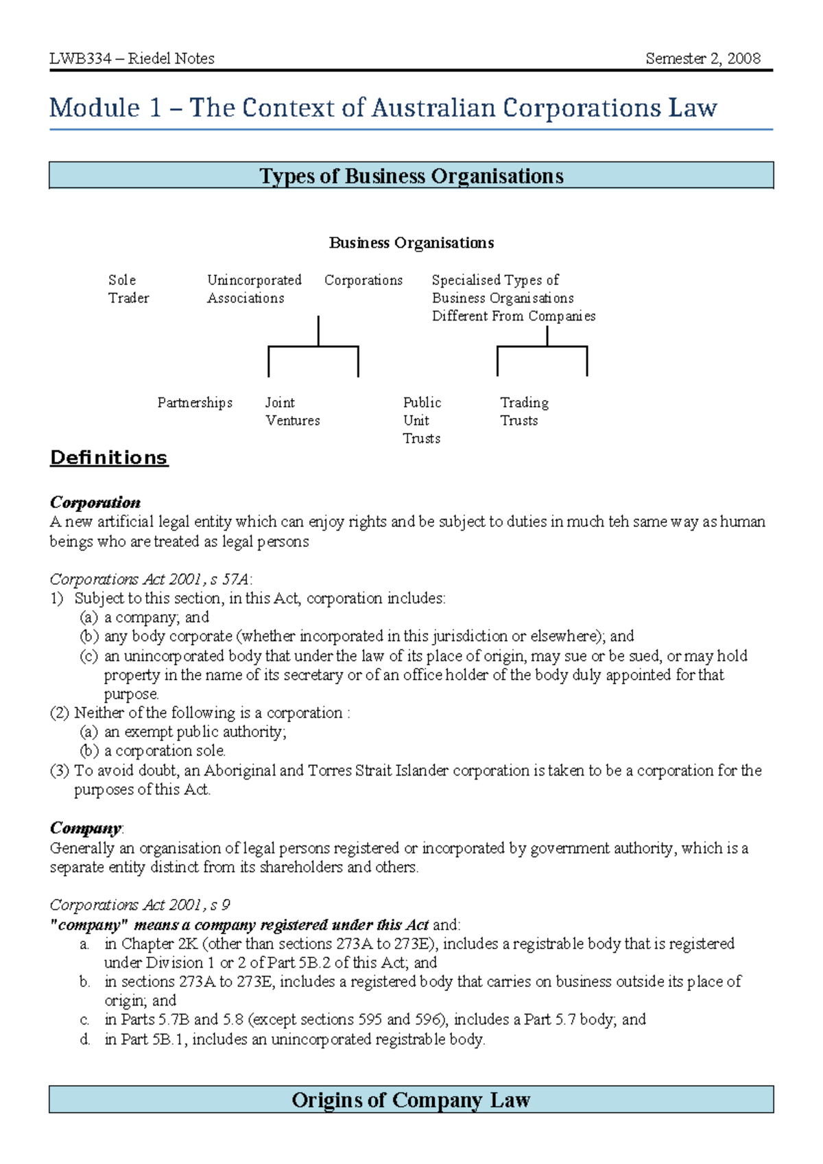 Module 1 (Wk 1) - Context of Australian Corporations Law - Module 1 ...