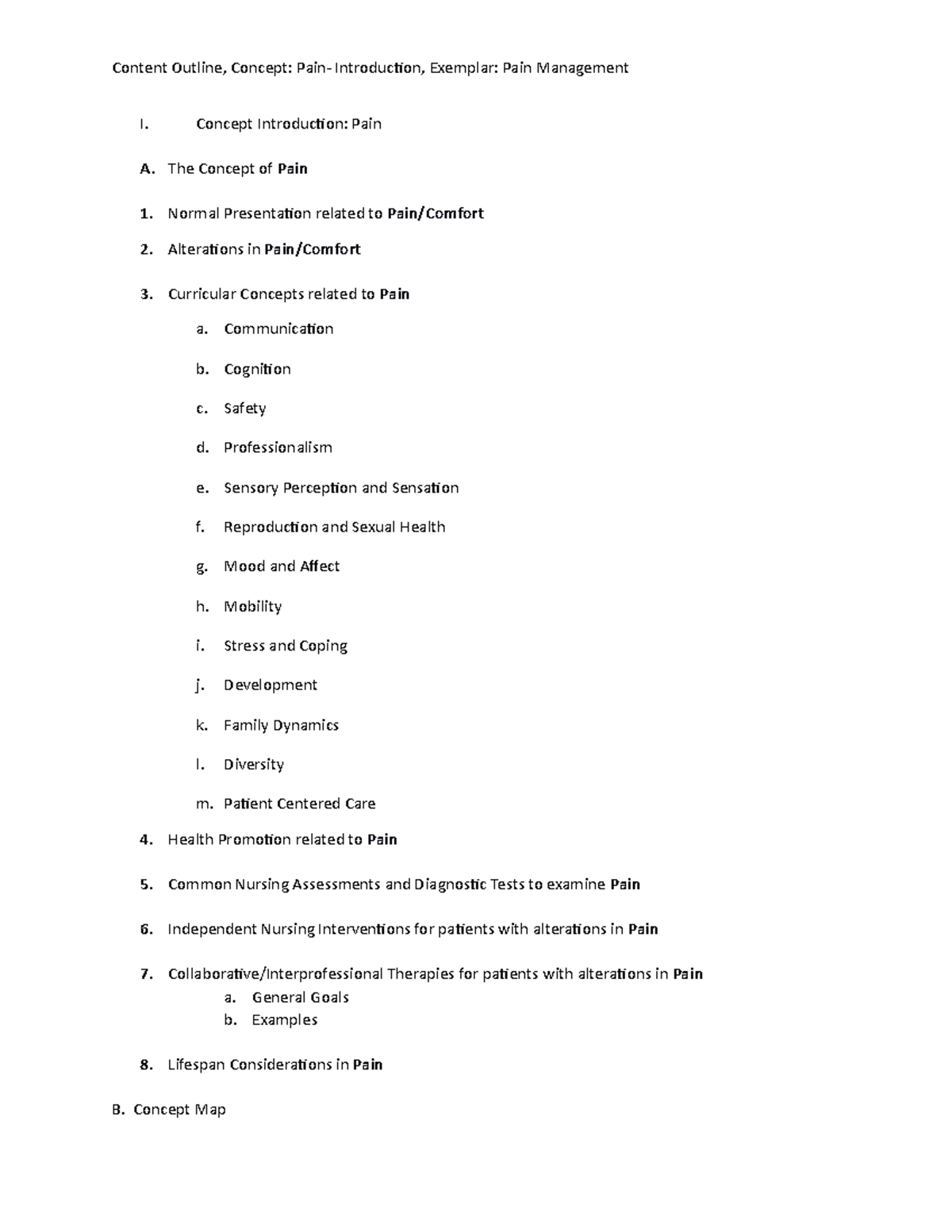 Pain Intro PMngmt - misc - Content Outline, Concept: Pain- Introduction ...
