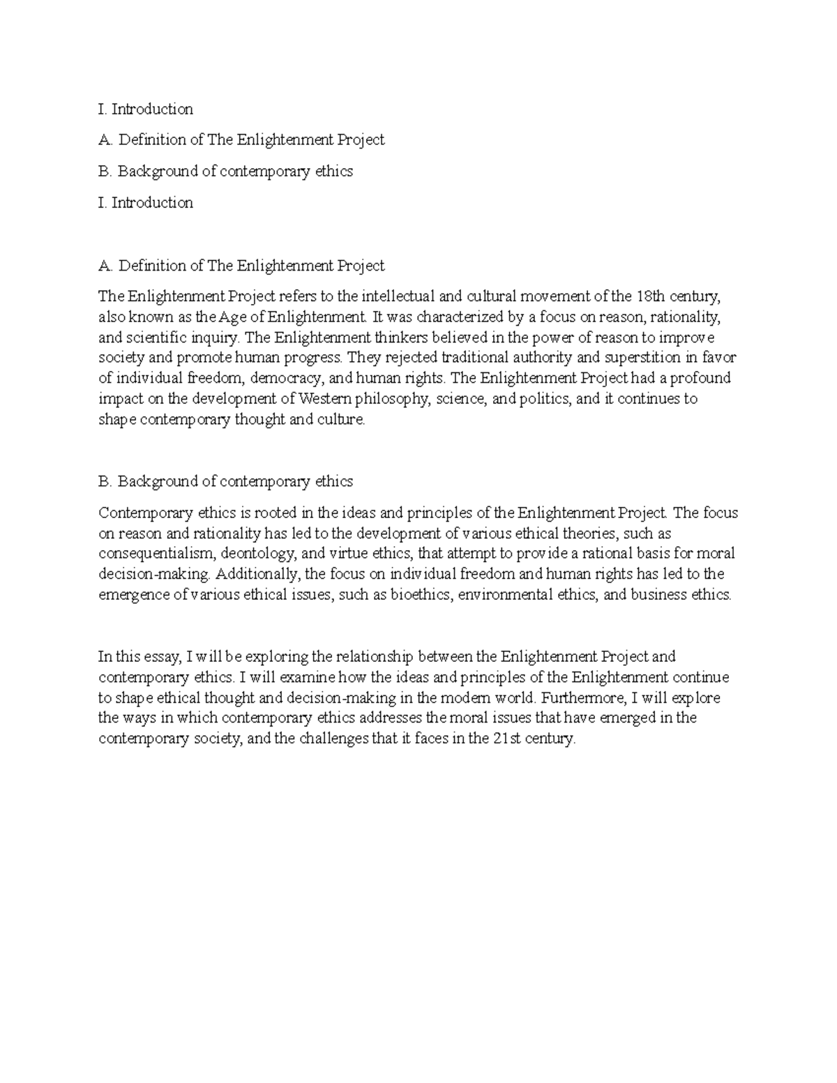 The Enlightenment Project and contemporary ethics 1 - I. Introduction A ...