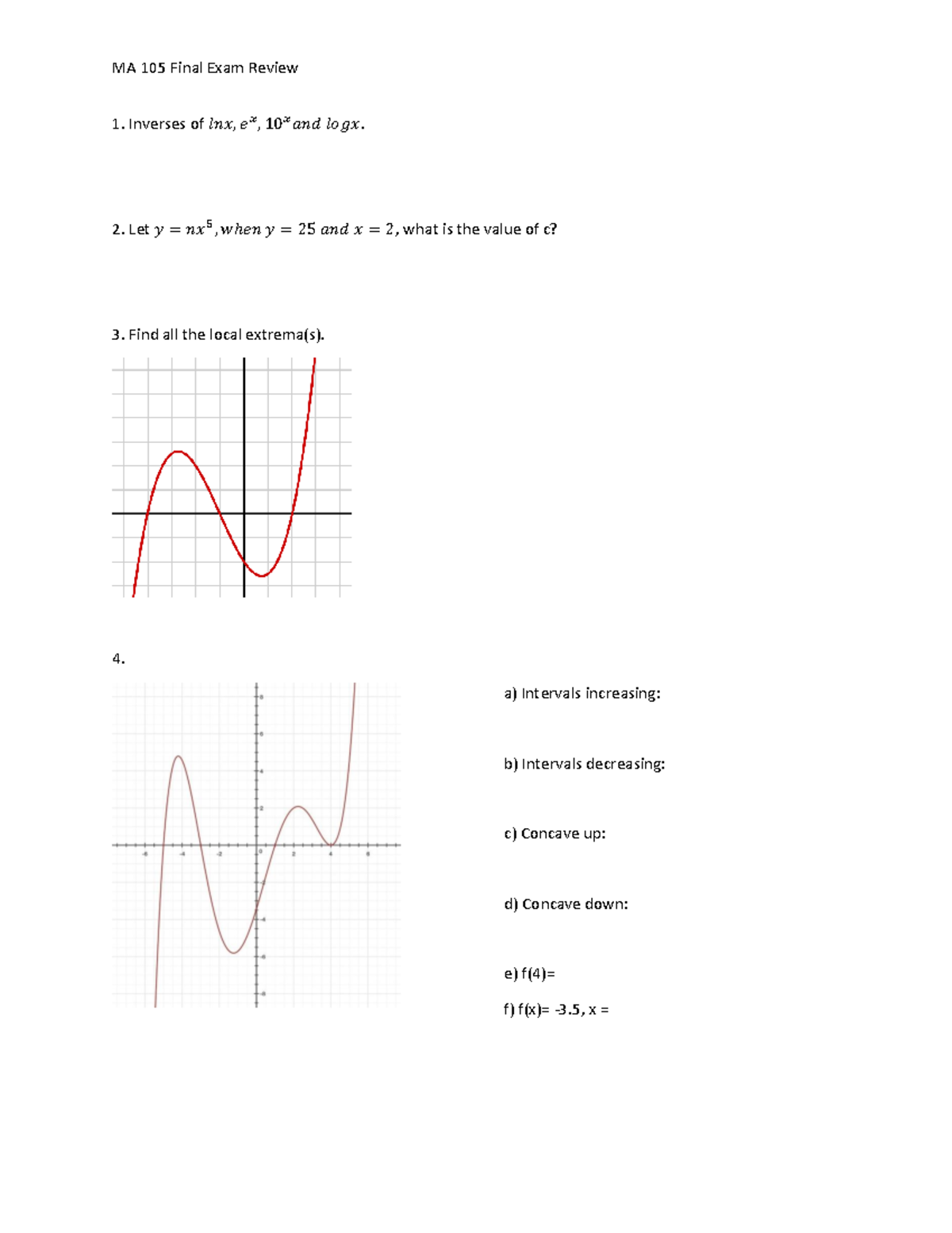 MA105 Final Exam Review Solutions - MA 105 Final Exam Review Inverses ...