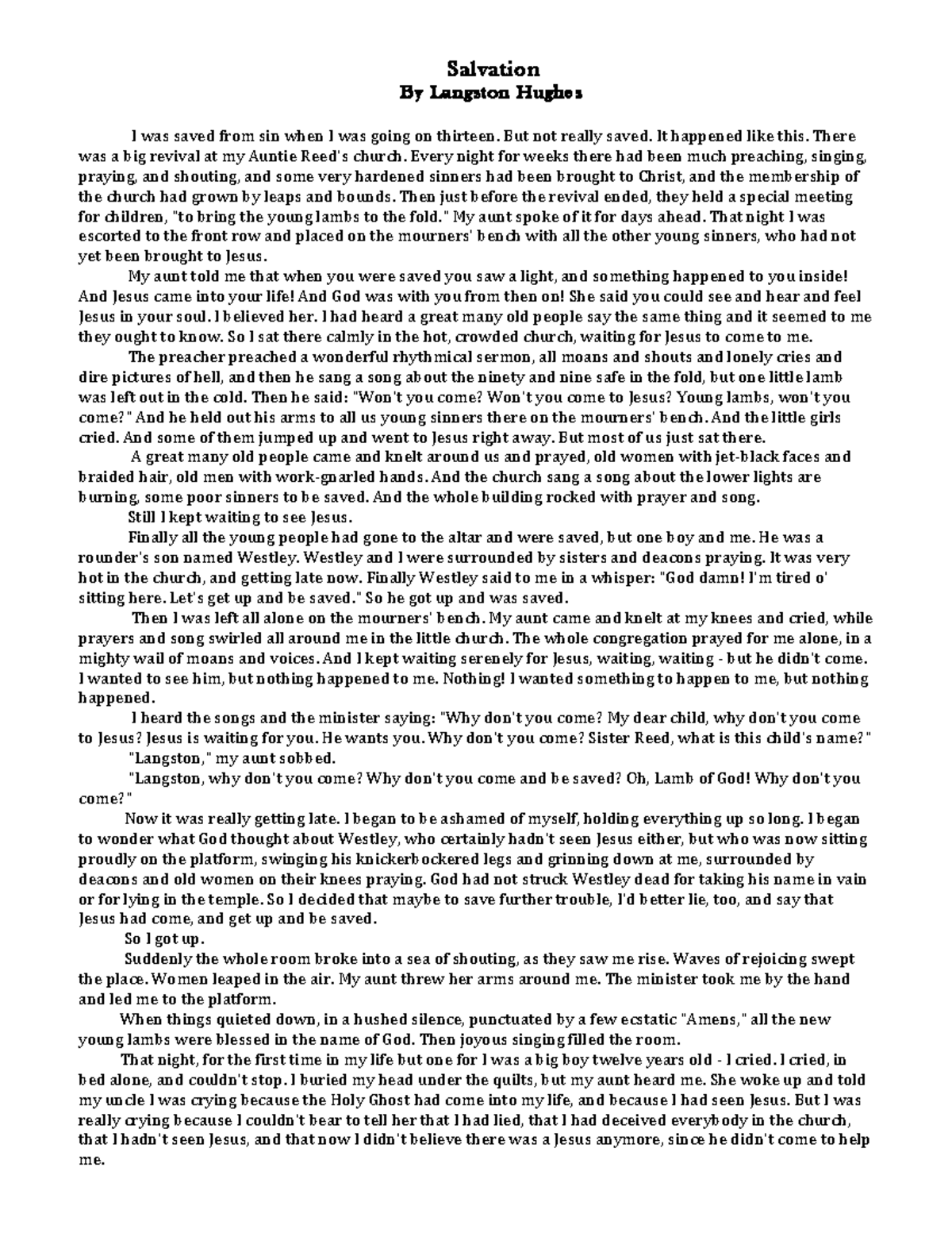 Salvation-langston hughes full text 9 7 16 240602 112204 - Salvation By ...