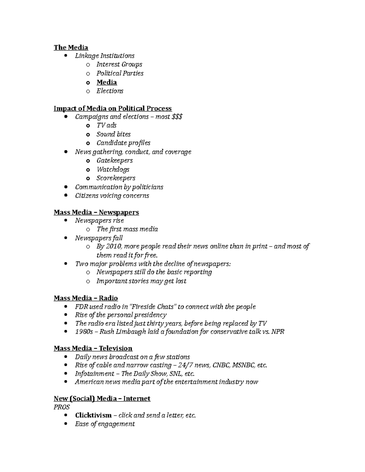 10-15 Lecture Notes - The Media Linkage Institutions o Interest Groups ...