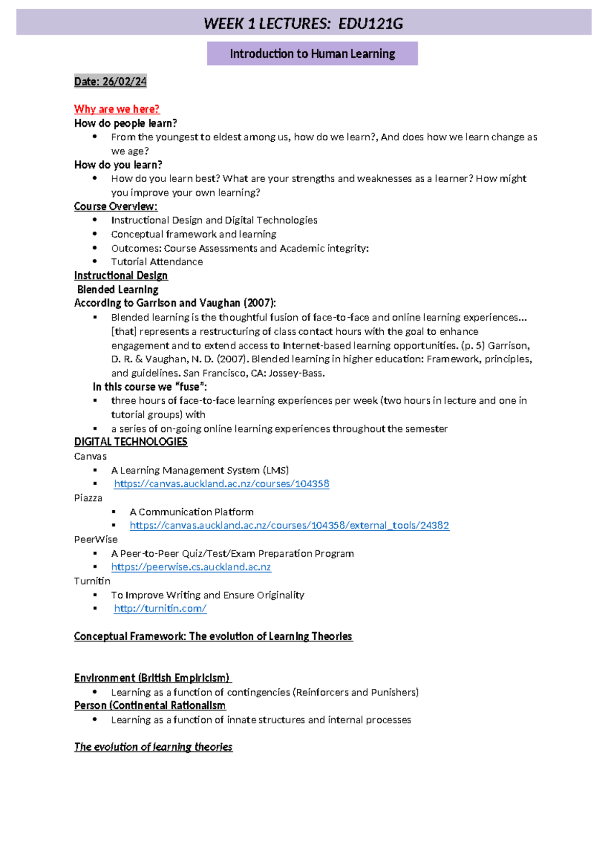 Week 1 Lectures - EDU121 - Date: 26/02/ Why are we here? How do people ...