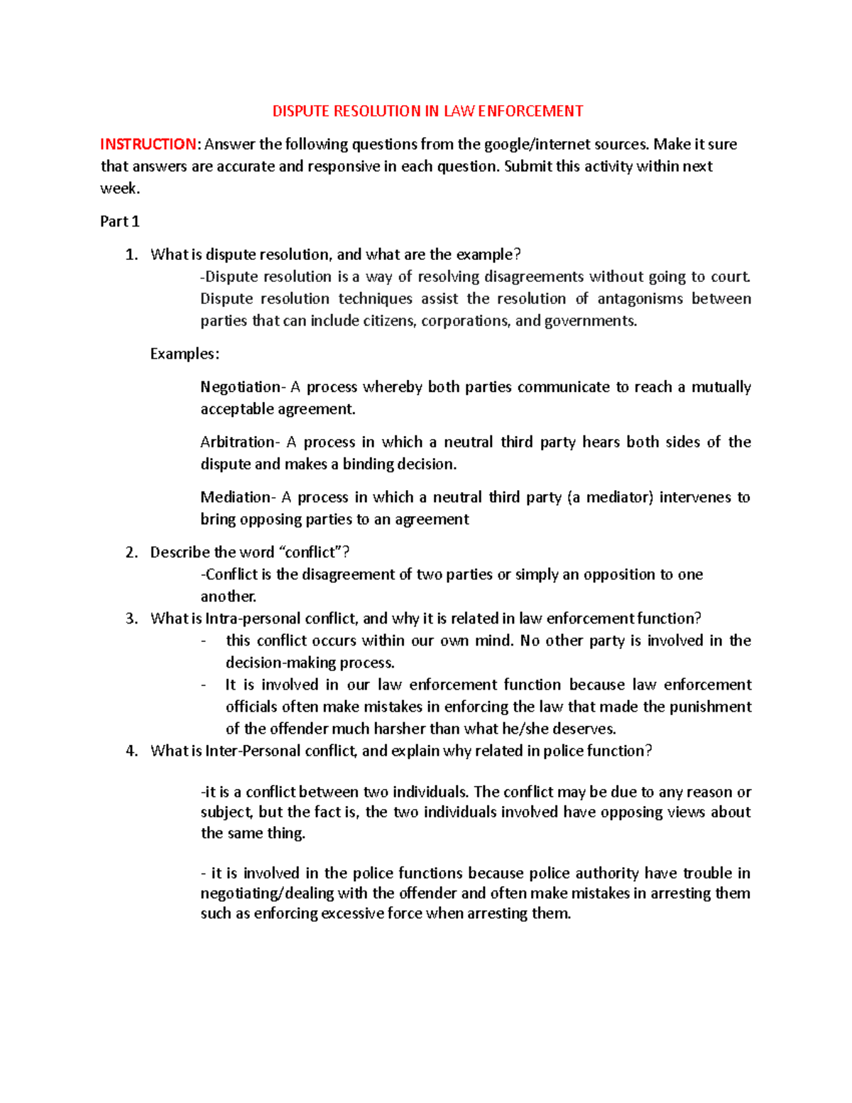 Dispute Resolution IN LAW Enforcement- Exams - DISPUTE RESOLUTION IN ...