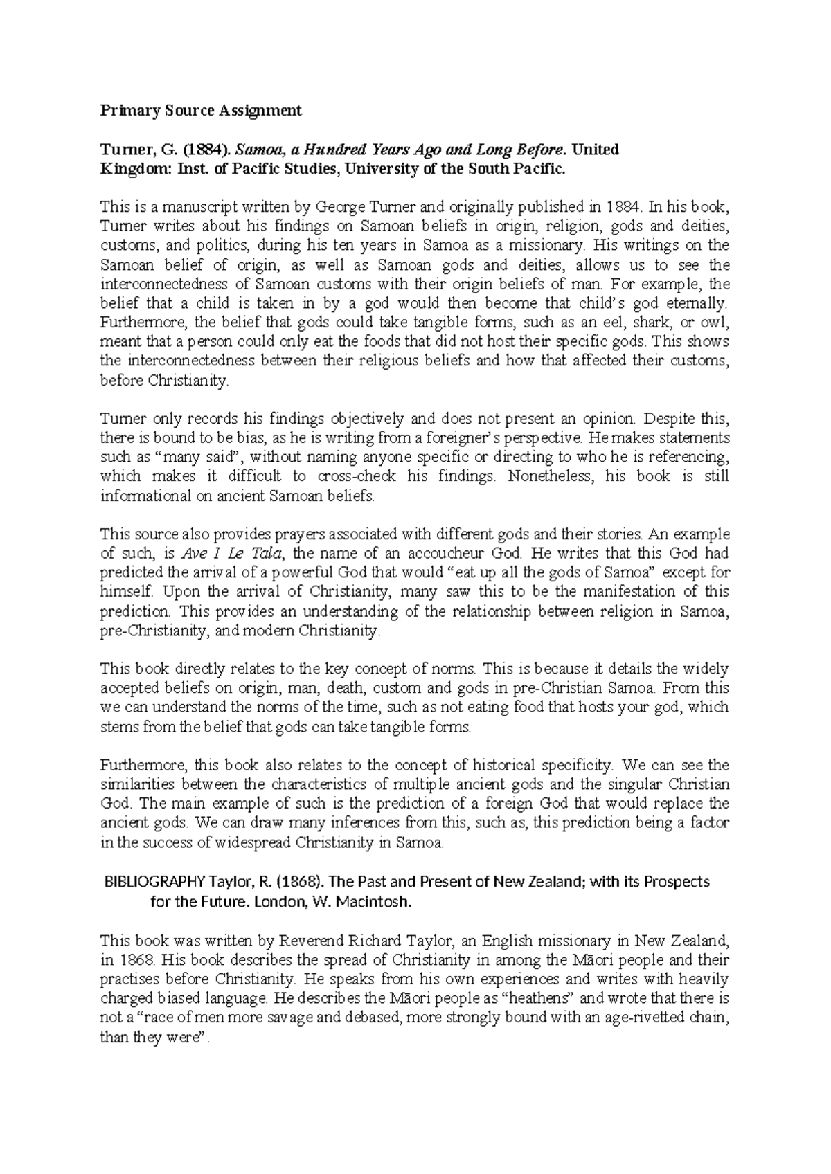 Primary Source Assignment - Primary Source Assignment Turner, G. (1884 ...