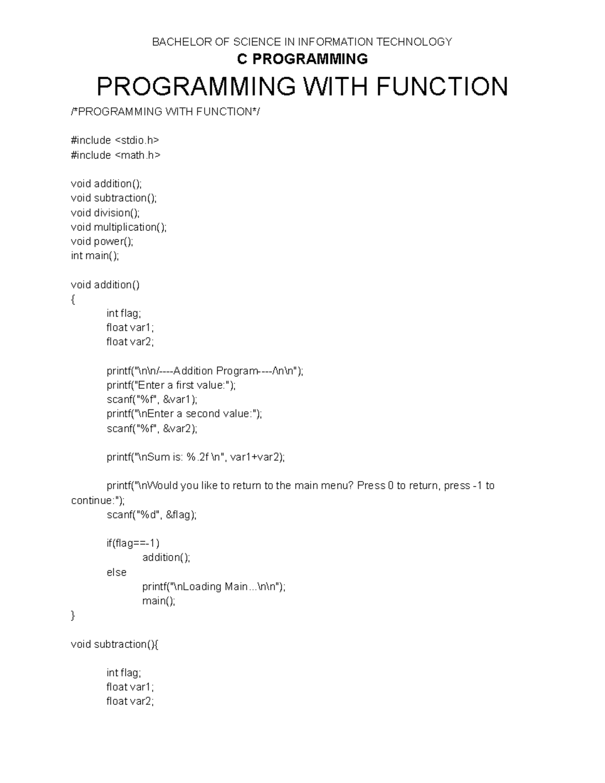 C Programming - Programming WITH Function - BACHELOR OF SCIENCE IN INFORMATION TECHNOLOGY C ...