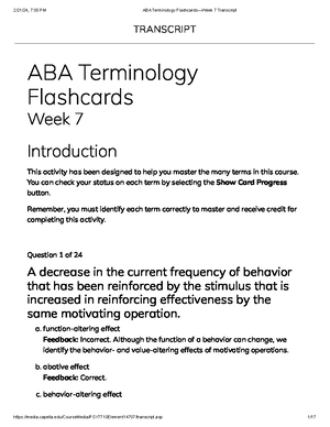 7712 Week 8 Fashcards Answers - TRANSCRIPT ABA Terminology Flashcards Week 8 Introduction This ...
