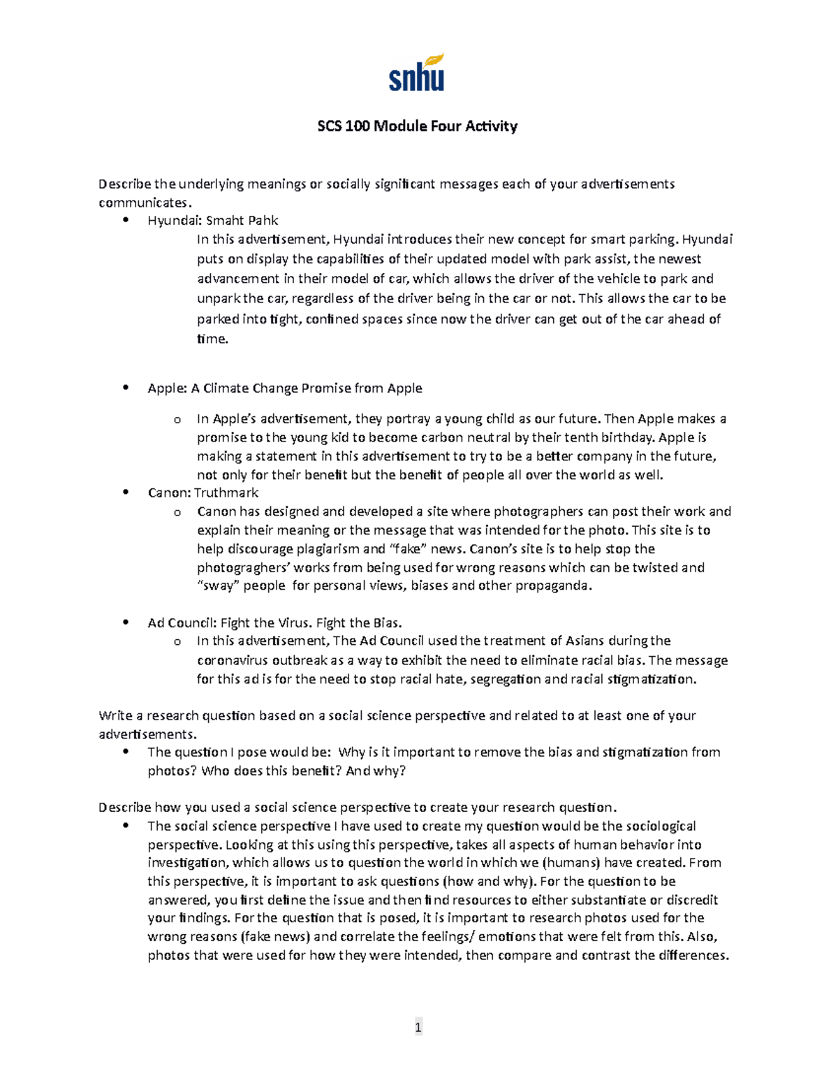 SCS 100 Module Four Activity - A. Locke - SCS 100 Module Four Activity ...
