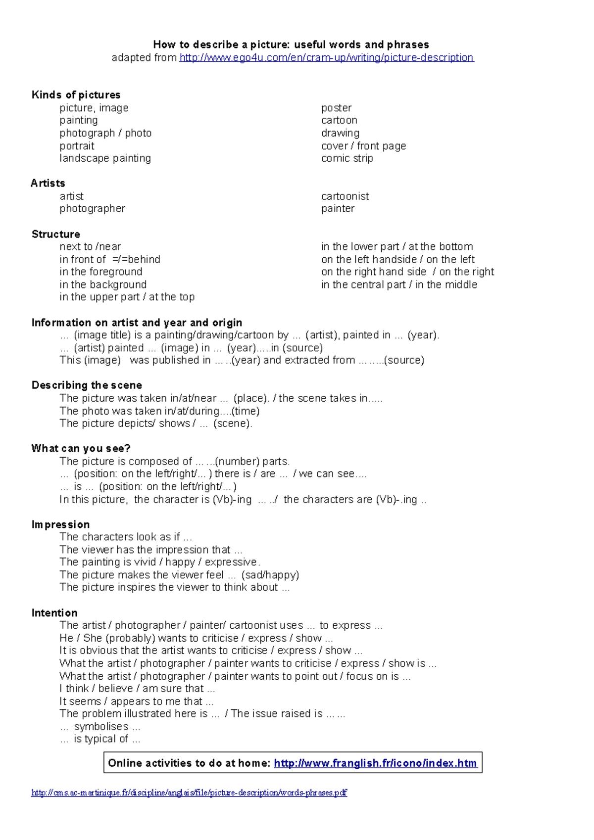 Words-phrases - I am a student - How to describe a picture: useful ...