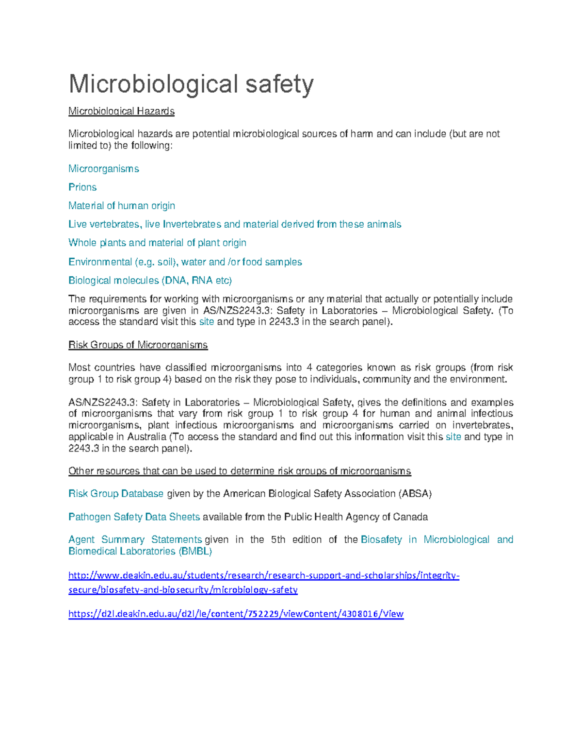 Deakin Microbiological Safety Information 1 - Microbiological safety ...