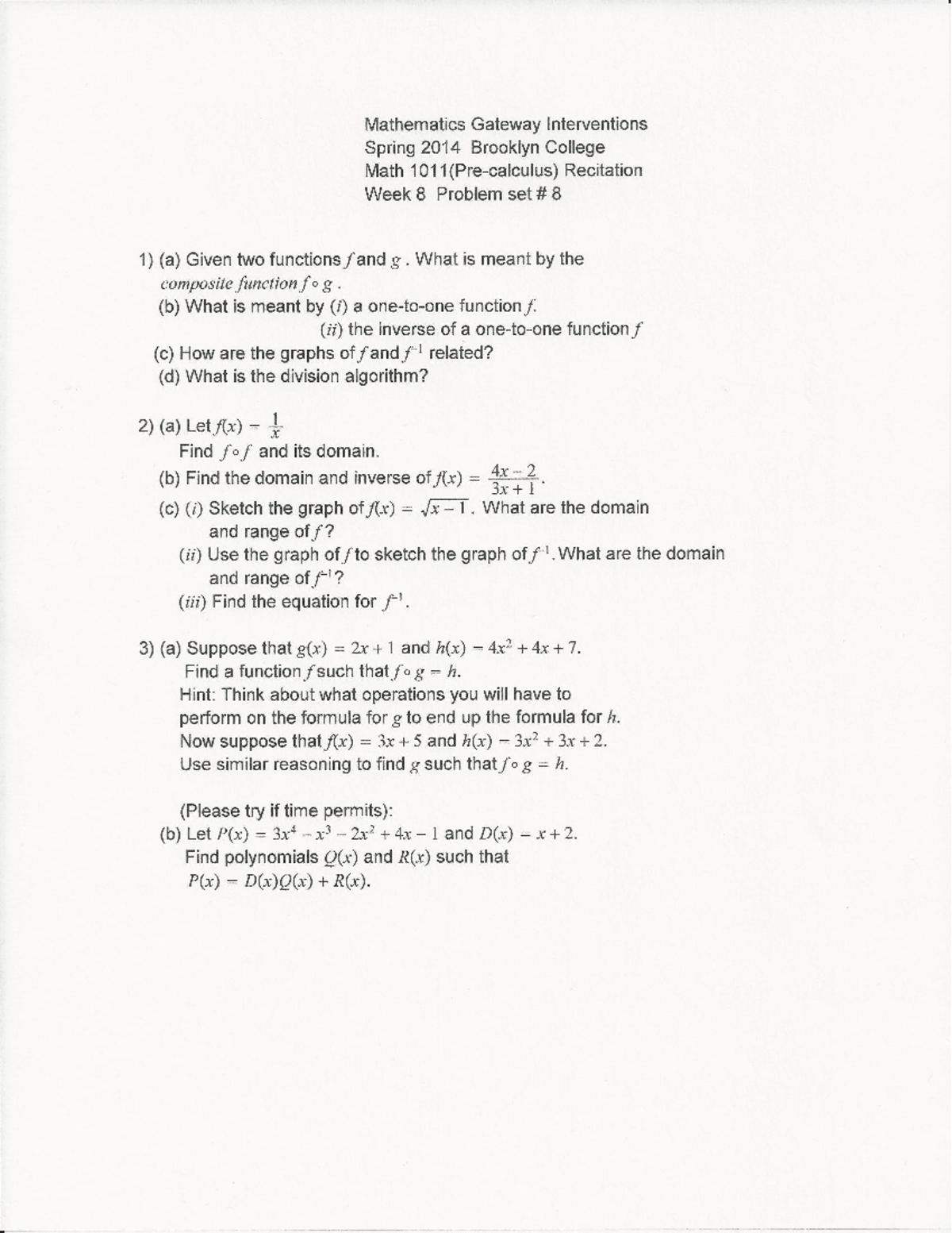 Problem set 8 Week 8 Recitations Math 1011(Pre-calculus) Mathematics Gateway interventions - Studocu