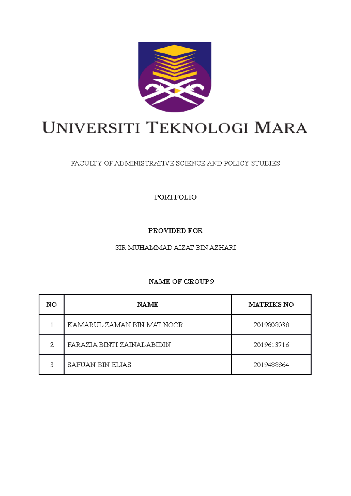 Portfolio ( Group 9) - FACULTY OF ADMINISTRATIVE SCIENCE AND POLICY ...