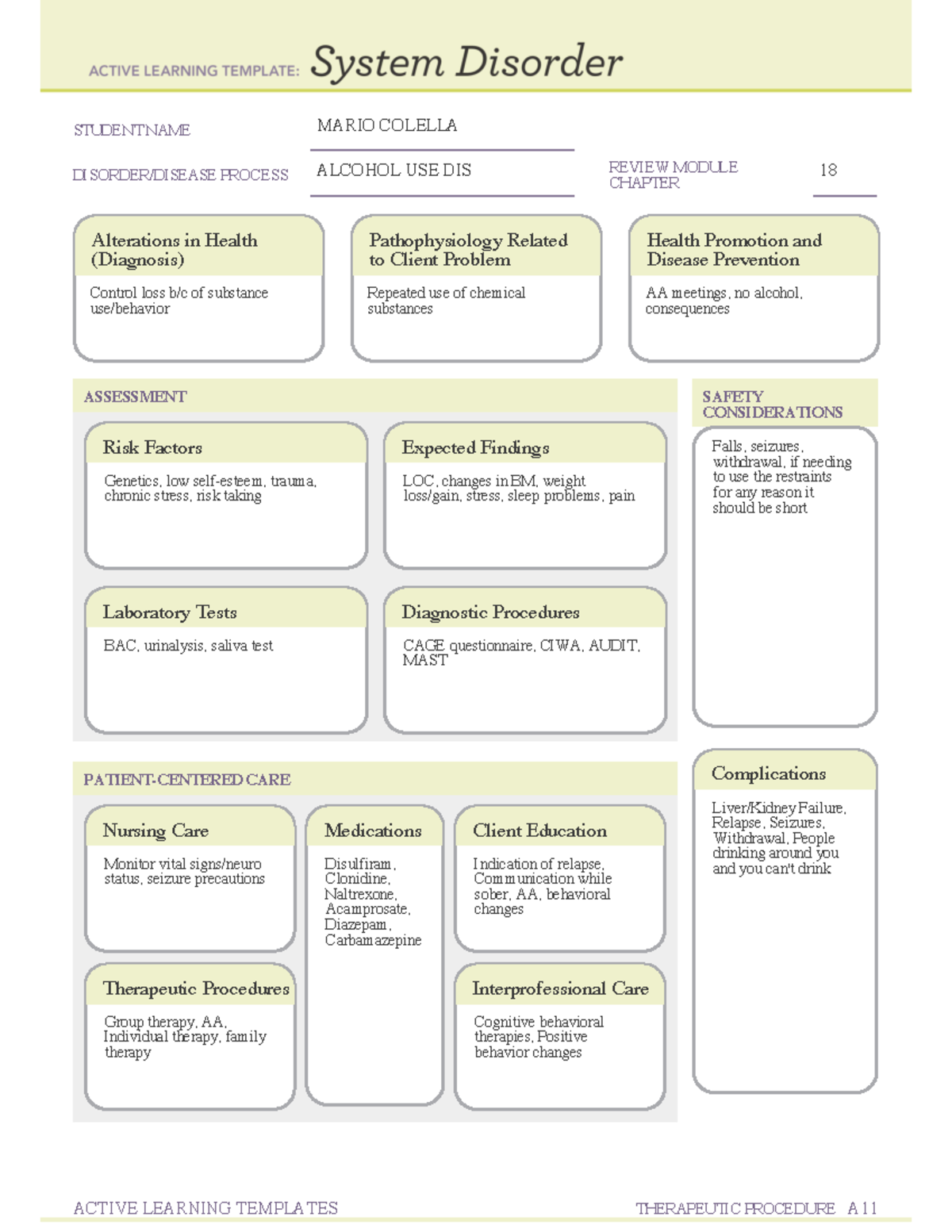 ATI 10 - easy to follow - STUDENT NAME MARIO COLELLA DISORDER/DISEASE ...