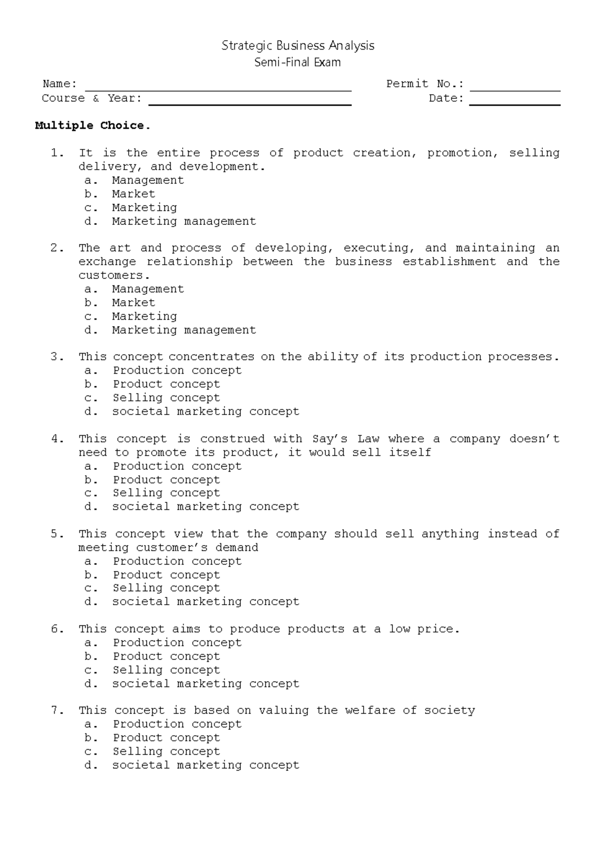 Semi-Exam - Semi-Final Exam Name: Permit No.: Course & Year: Date ...
