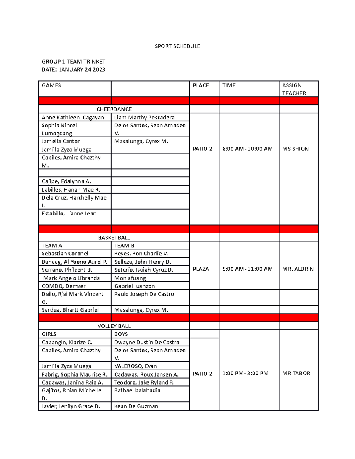 Sport- Schedule - SPORT SCHEDULE GROUP 1 TEAM TRINKET DATE: JANUARY 24 ...