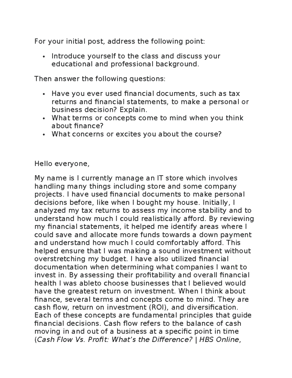 FIN 320 1-1 Discussion Financial Management's Role in Business - For ...