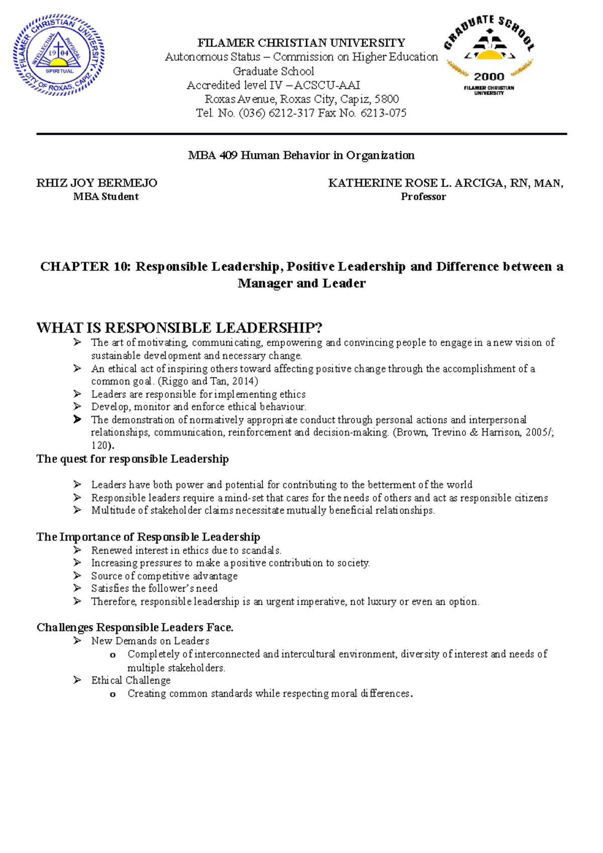 HBO- Report-Responsible-Leadership - FILAMER CHRISTIAN UNIVERSITY Autonomous Status – Commission ...