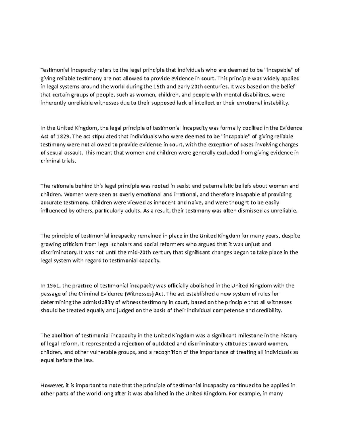 Testimonial Incapacity, 1829–1961 - Testimonial incapacity refers to ...