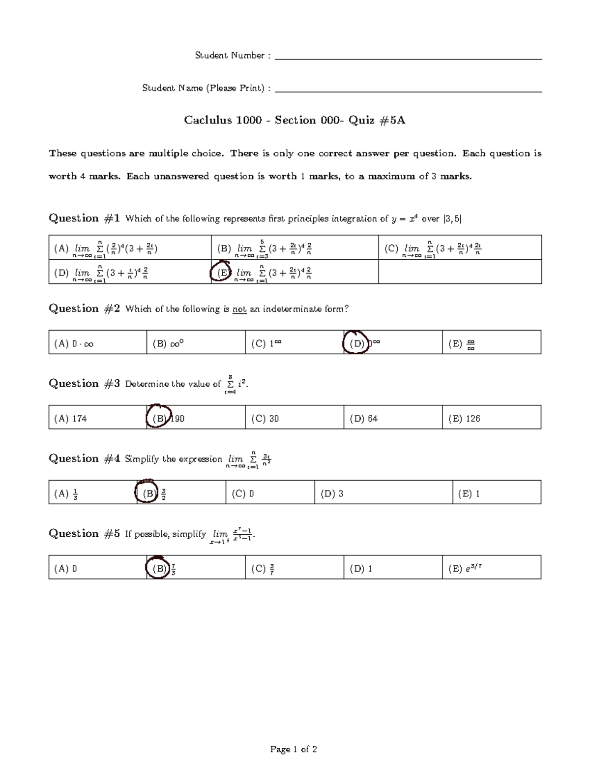 Calculus Quiz 5A - Student Number : Student Name (Please Print ...