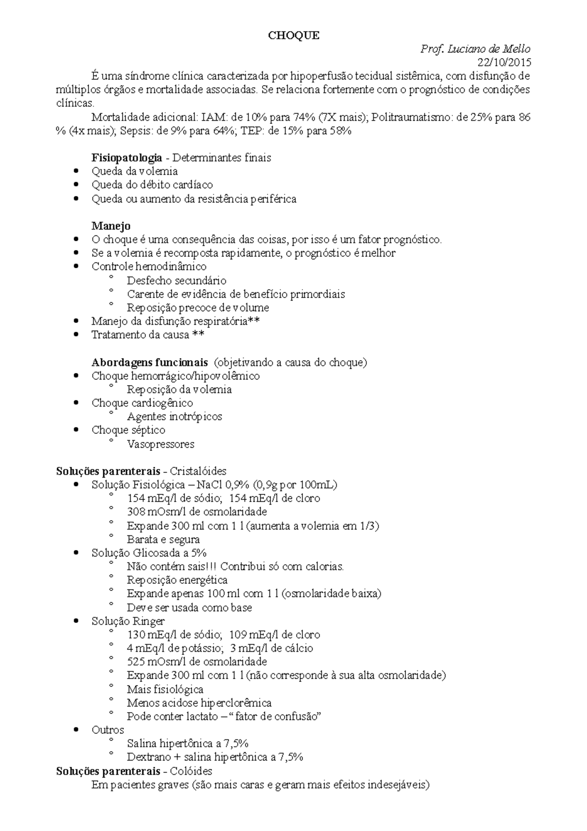Fármacos Usados NO Choque - CHOQUE Prof. Luciano de Mello uma ...